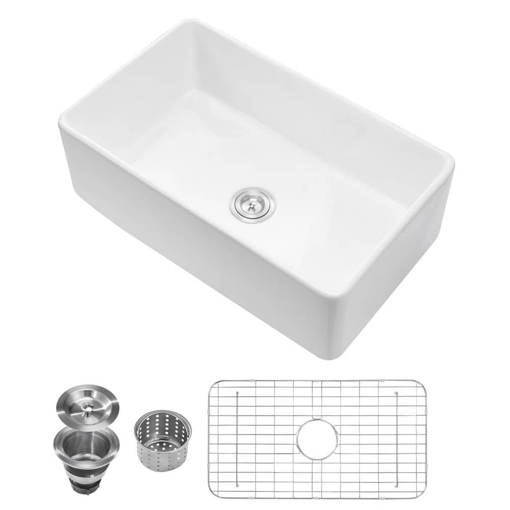 SKYSHALO 33.5 x 20 in. White Farmhouse Sink, Fireclay Apron Front ...