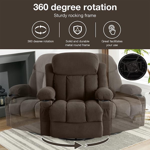 Modern Brown Fabric Manual Recliner Chair with USB and 2 Cup Holders 360 Rotation Massage Heated Single Sofa Chair