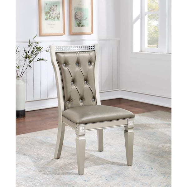 Furniture of America Deltona 5 Piece Glam Round Champagne and Warm Gray Glass Top Dining Table Set IDF 3158RT 5PC