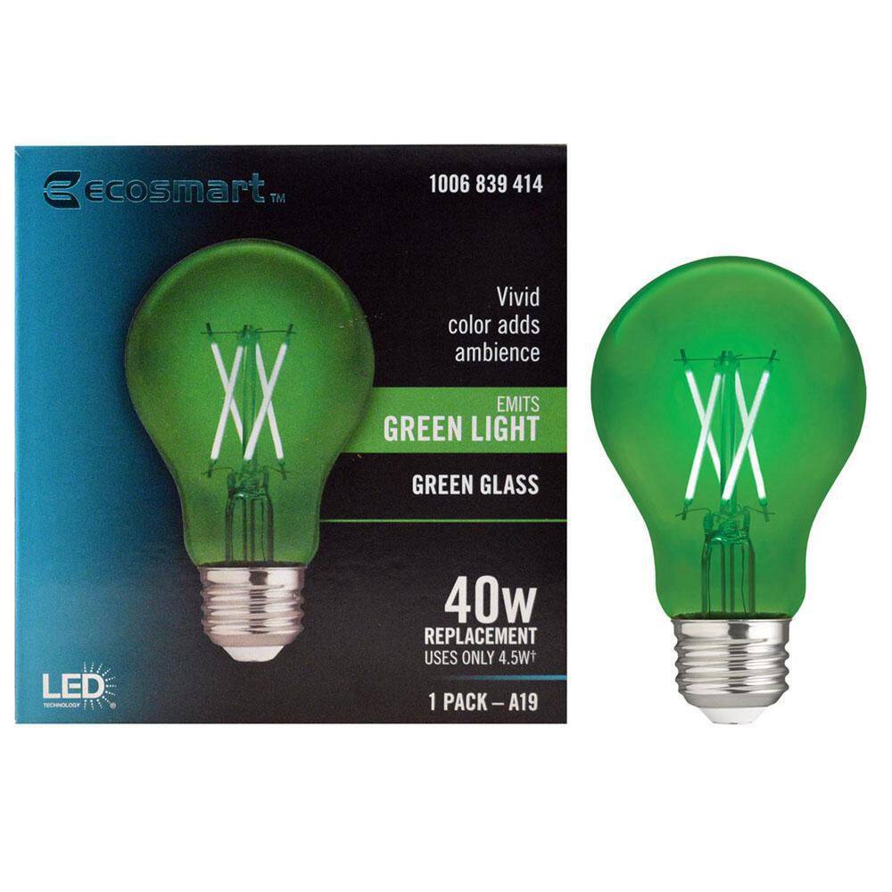 EcoSmart 40 Watt Equivalent A19 Dimmable Filament Green Colored Glass LED Light Bulb 1 Pack FG 04241 The Home Depot