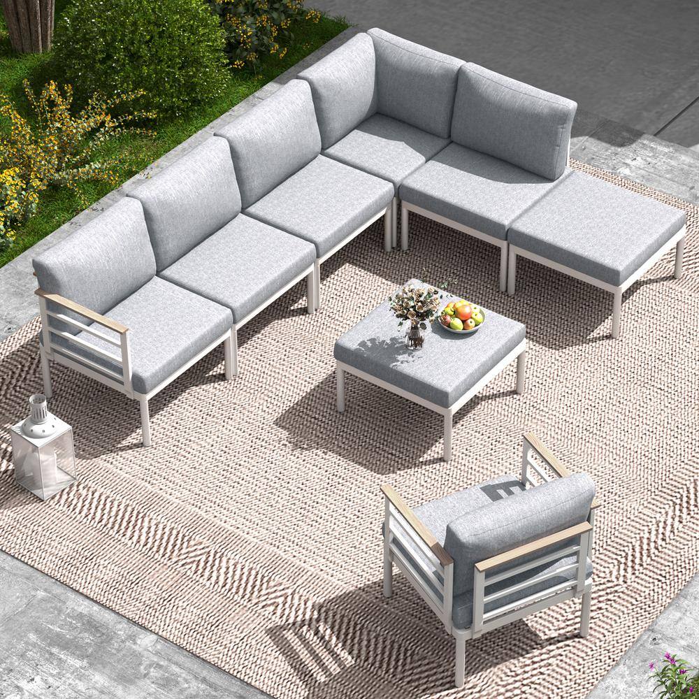 Crestlive Products 8-Piece Aluminum Outdoor Sectional Set with Armrests and Light Gray Cushions ...