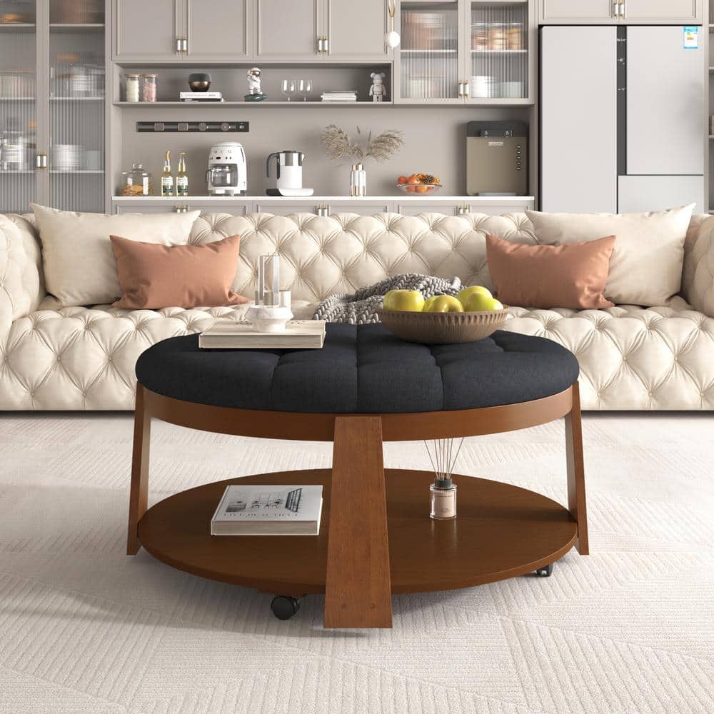 Noble House Ossa 36 in. Black Plus Walnut Modern Upholstered Waterproof ...