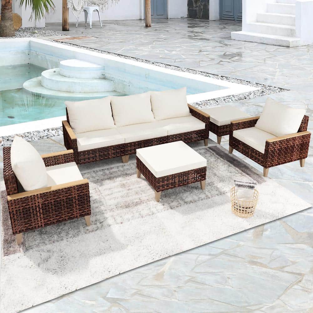 Sudzendf 7-Piece Brown PE Rattan Wicker Outdoor Sectional Sofa Set with ...