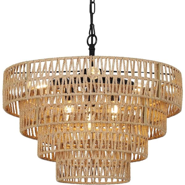 Jushua 6-Light Integrated LED Light Brown Fixture, Wicker Pendant ...