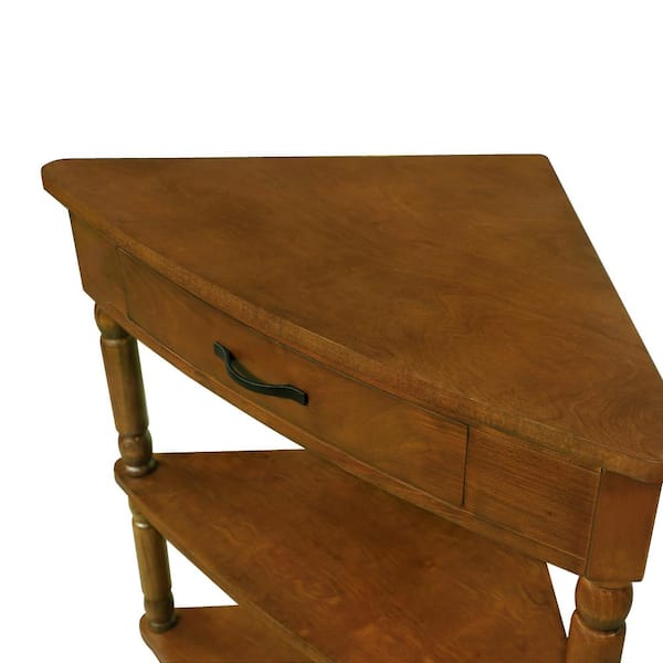 33.8 in. Brown Small Triangle Wood End Table with 1 Drawer Corner Side Table 3 Tier Corner Table with Solid Wood Legs