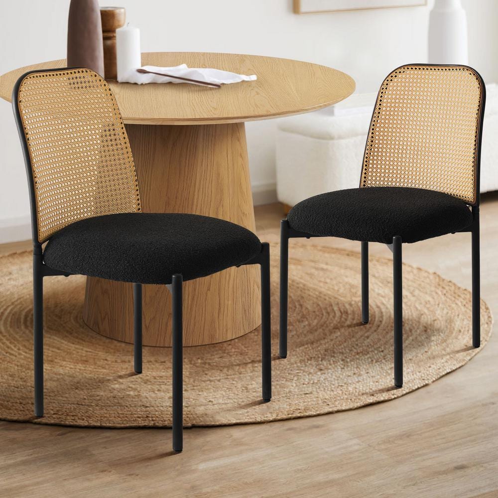 White Rattan Boucle Dining Chair Set of 2