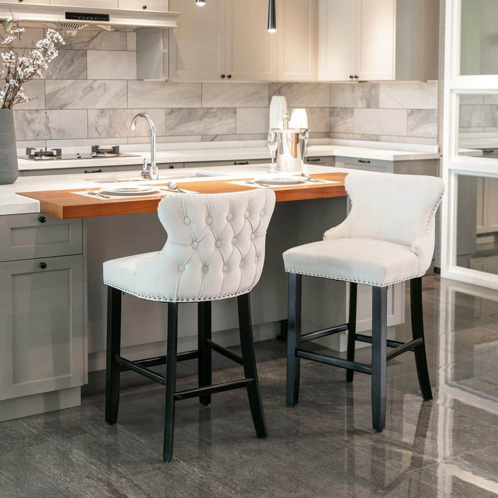 CSC DECOR INC 26.7 in. Beige Wing Back Wood Bar Stool Tufted ...