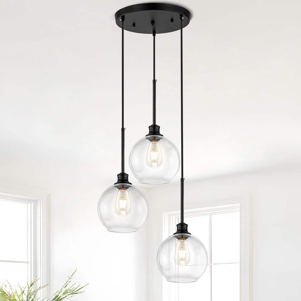 TinHon Modern 3-Light Black Globe Pendant Light with Clear Glass Shades ...