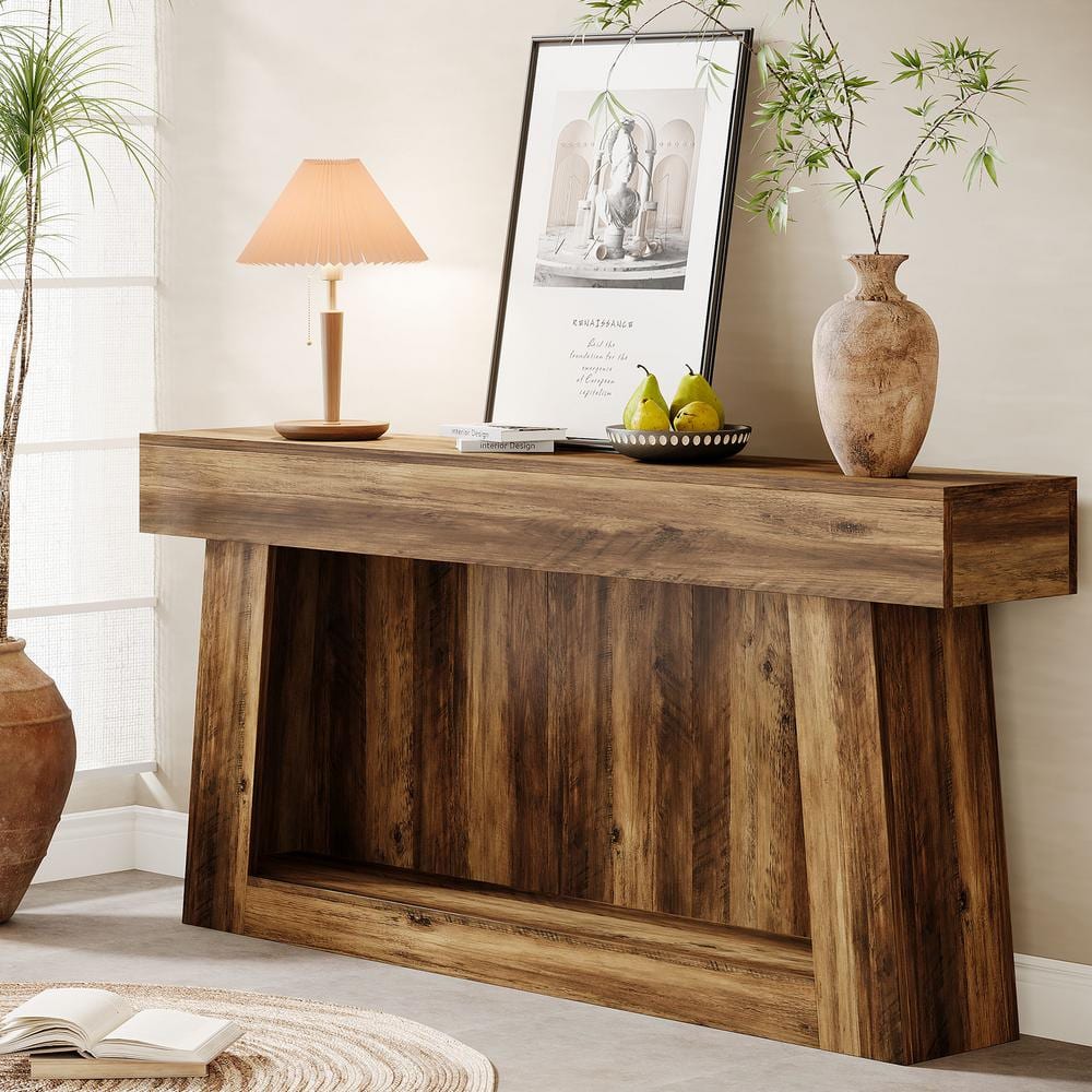 BYBLIGHT Turrella 63 in. Brown Console Tables, Rectangle 2-Tier Wooden ...