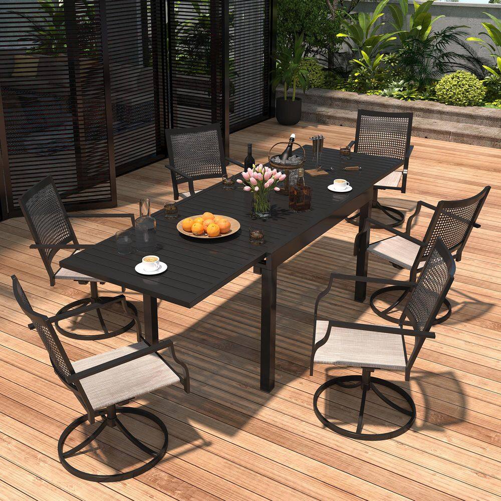 sumyeg Beige 7-Piece Metal Outdoor Patio Dining Set with Extendable ...