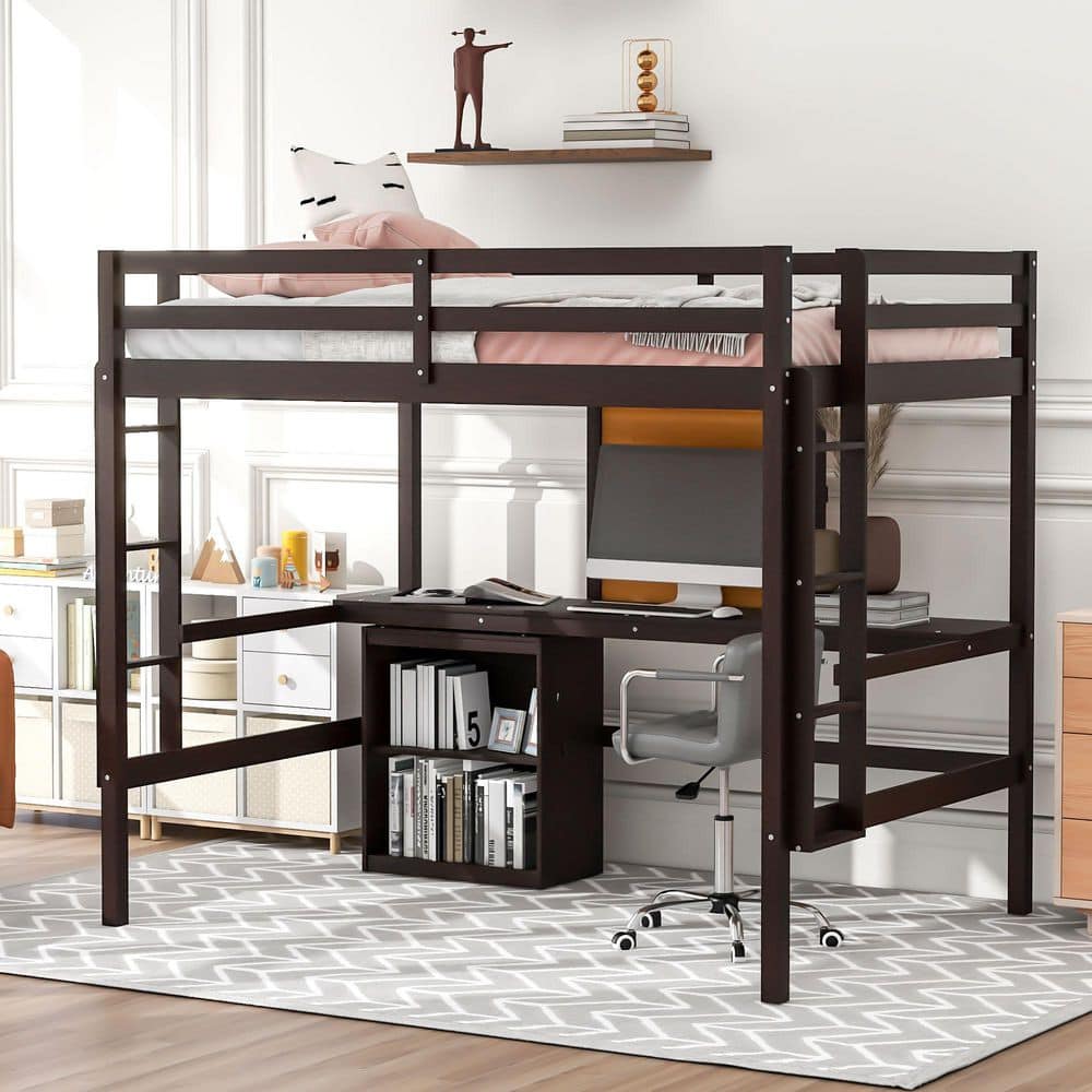 Polibi Espresso Full Size Wood Loft Bed with Desk and Writing Board, 2 Drawers Cabinet RD14 ...