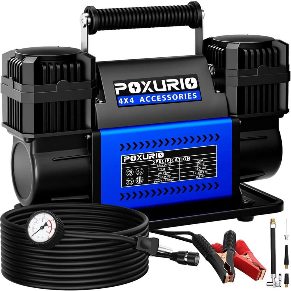 POXURIO Offroad Air Compressor, 12. 35CFM Dual Cylinder Portable Air Inflator, 12V 150 PSI Heavy ...