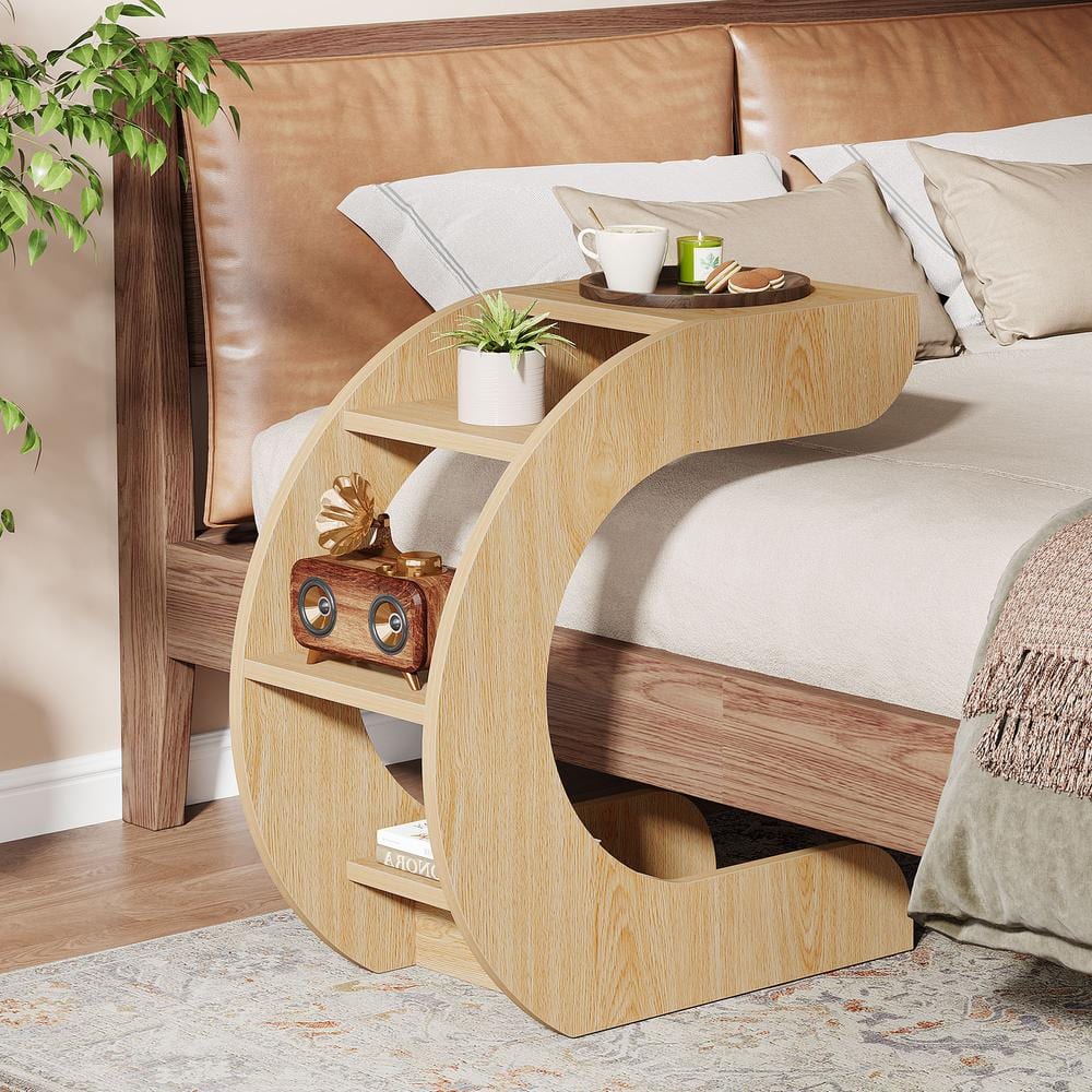 BYBLIGHT Kerlin 2-Pieces 23.62 in. Light Oak Wood Side Table C-Shaped End Table with 4-Tier ...
