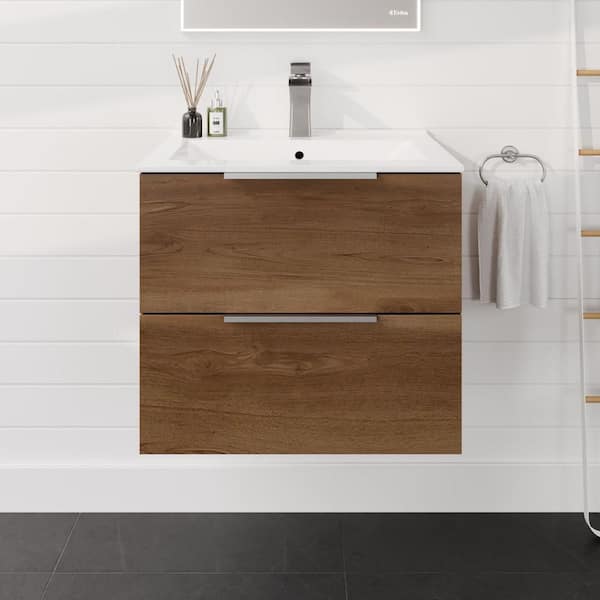 Eviva Galsaky 24 in. Single Sink Floating Walnut Bath Vanity with White ...