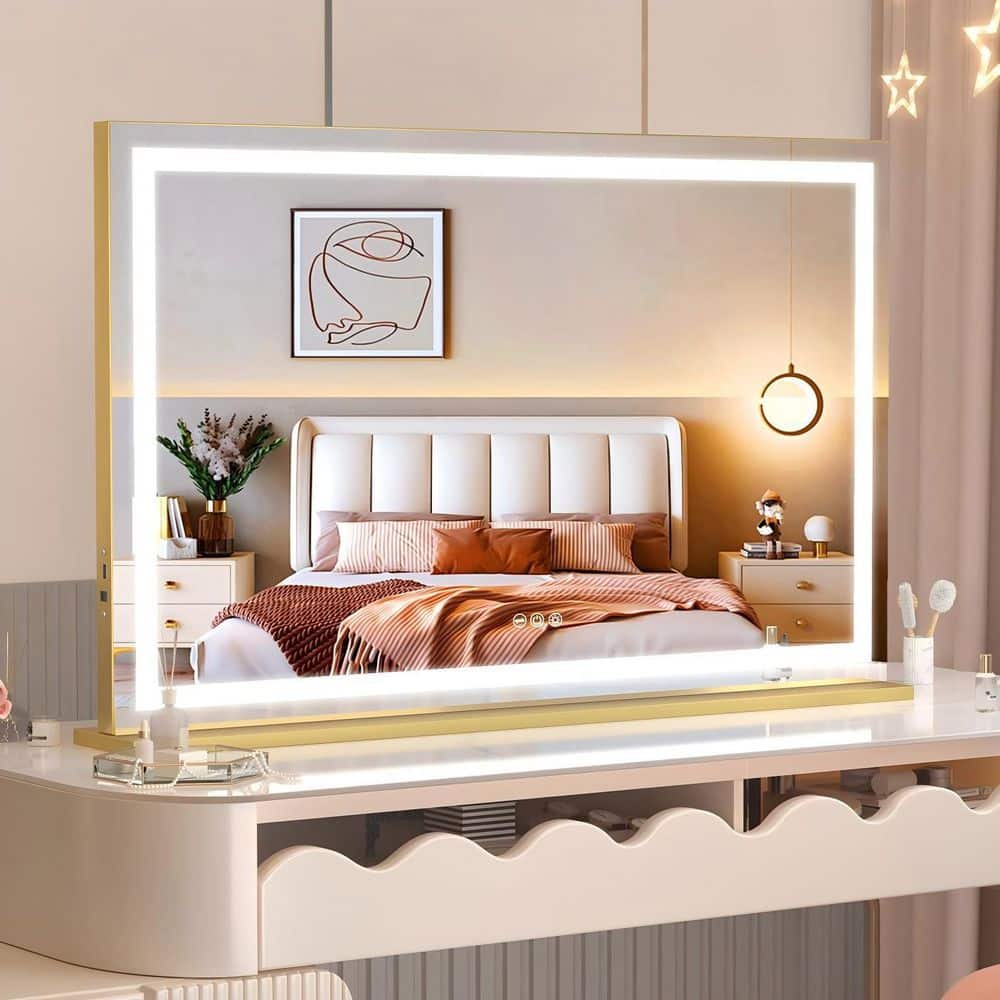 Vosuja 32 in. W x 22 in. H Rectangle Gold LED Makeup Mirror Vanity ...