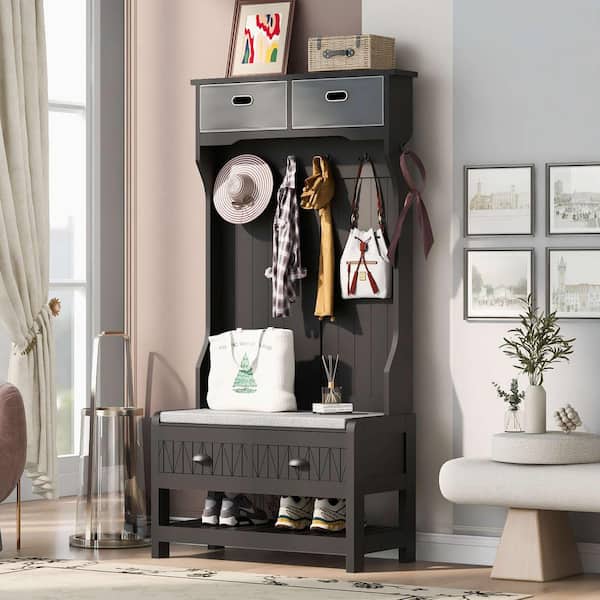 Polibi Hall Tree with 6 Hooks and Hinged Lid Coat Hanger Entryway Bench Storage Bench 3 in 1 Design 69 in. Black RS 939 91B The Home Depot