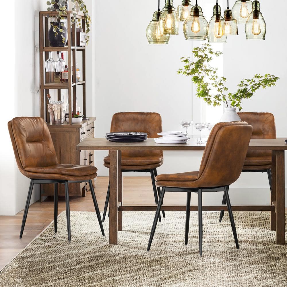 LUE BONA 18 in. Metal Frame Brown Dining Room Chairs Faux Leather ...