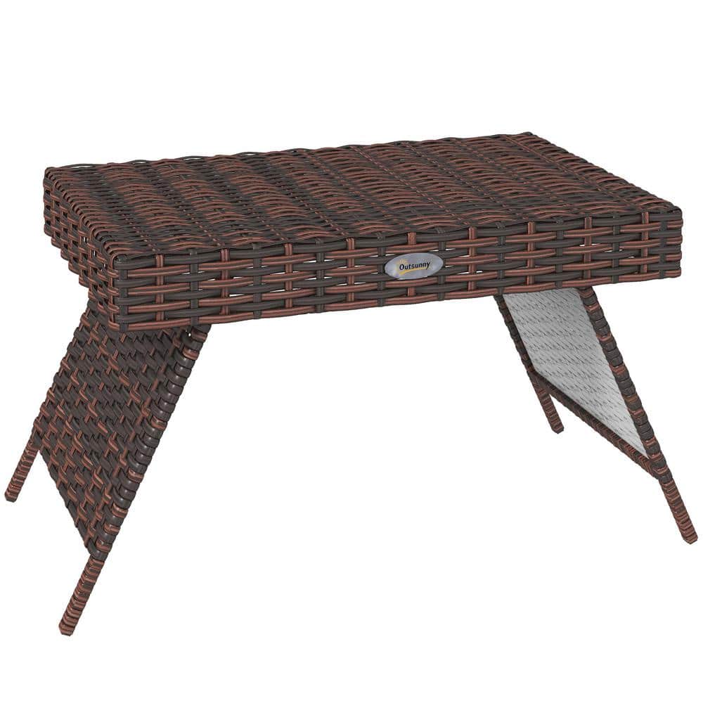 Modern Design Rectangular Galvanized Metal Outdoor Side Folding Table with All Weather Hand Woven Resin Rattan in Brown