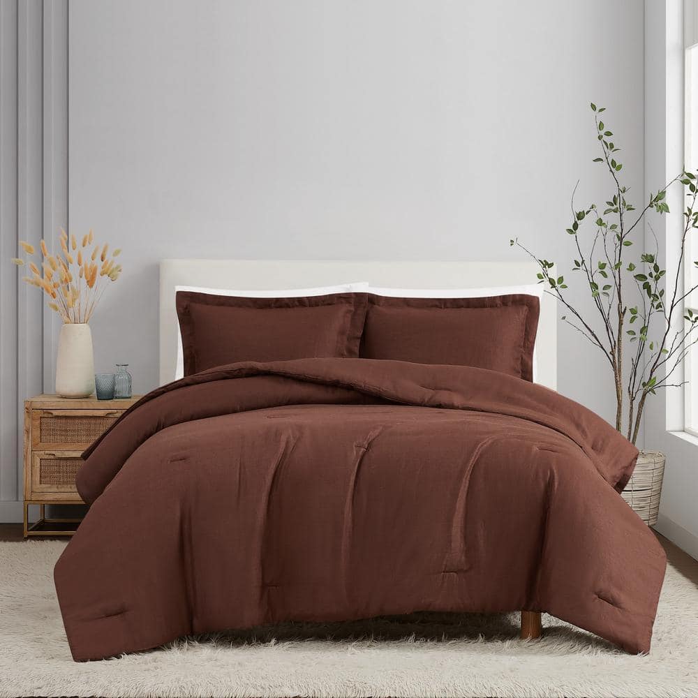 Brooklyn Loom 3-Piece Brown Solid 100% Linen Full/Queen Comforter Set ...