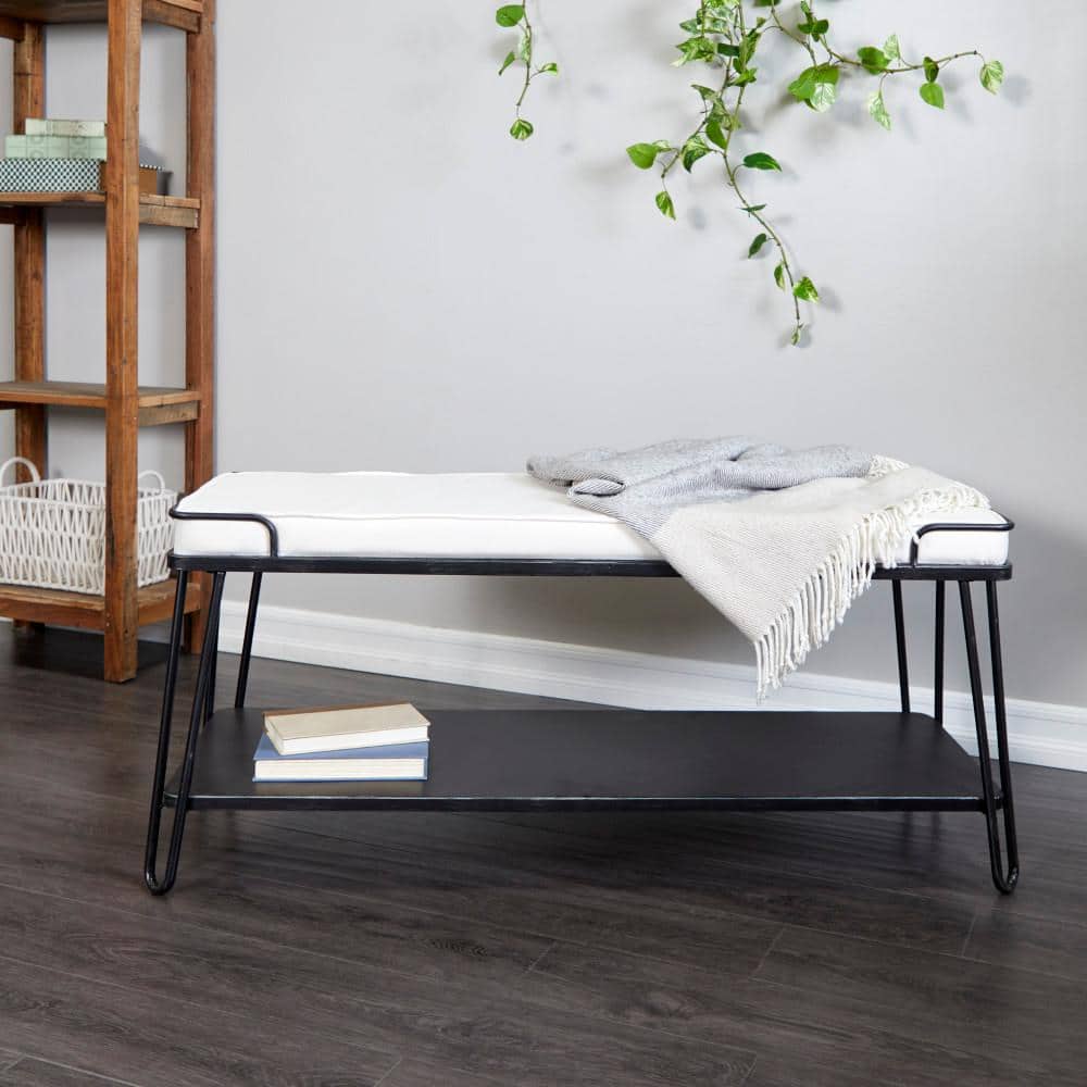 Litton Lane Black Single Shelf Bench with White Upholstered Seat 21 in ...