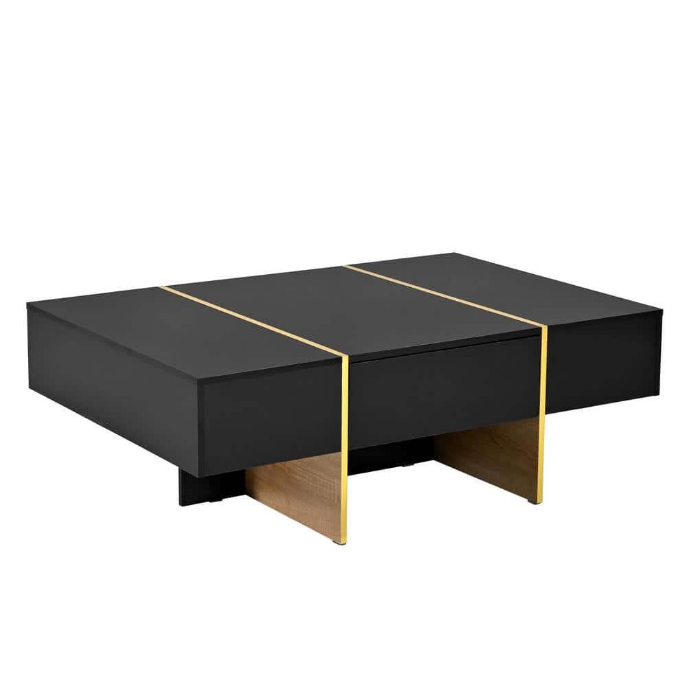 Clihome 47 in. Black Rectangle MDF High Gloss Coffee Table with 2 ...