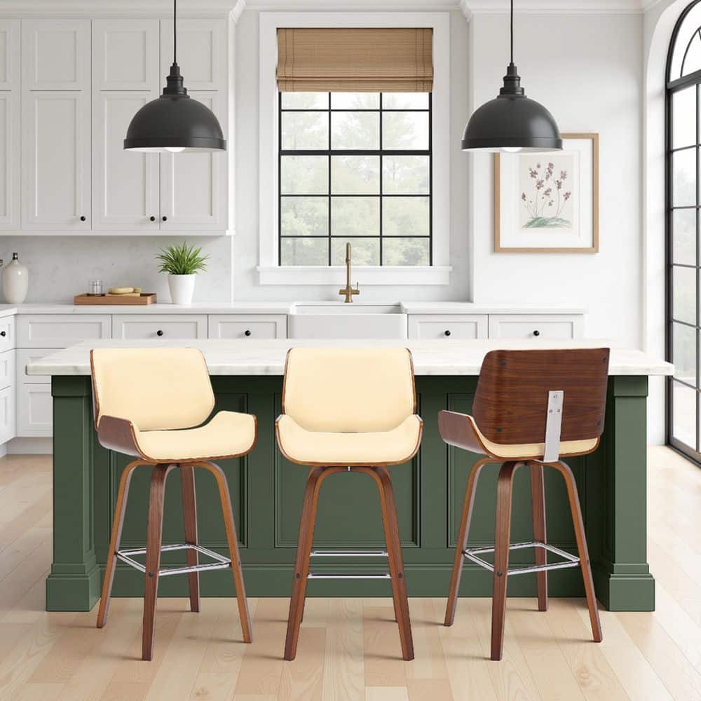 Armen Living Tyler 38 in. H Cream Low Back Wood Bar Stool with Faux ...