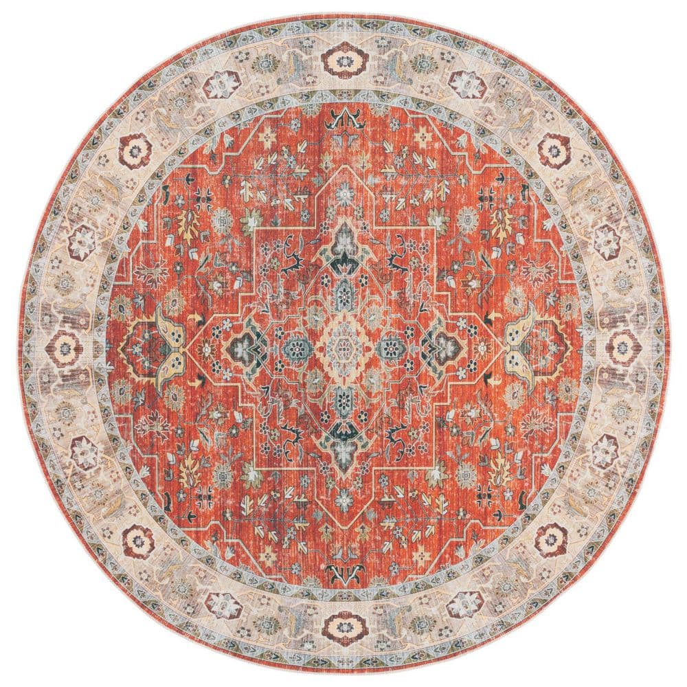 SAFAVIEH Arizona 6 ft. x 6 ft. Rust/Beige Machine Washable Border ...