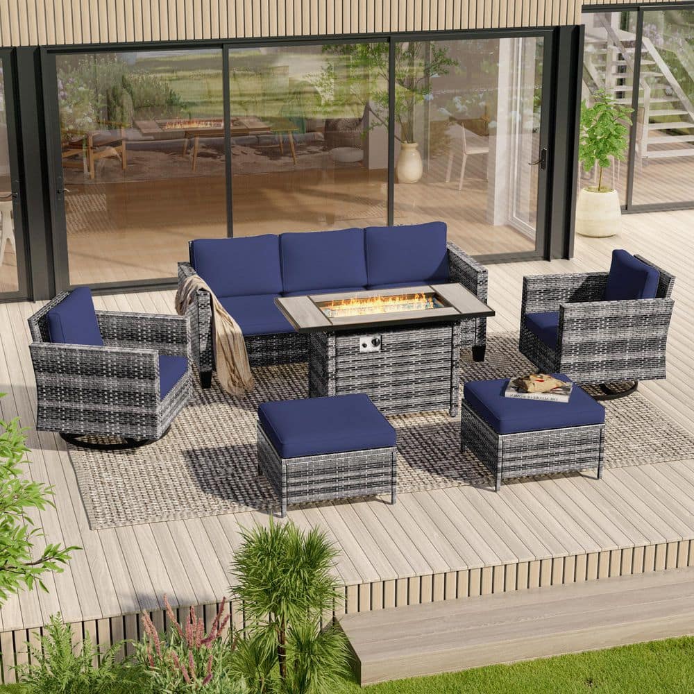 Sonkuki 6-Pieces Patio Conversation Set with Rectangle Fire Pit Table ...