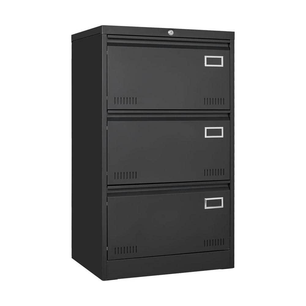 Tidoin 3-Drawer Black Metal 23 in. W Vertical File Cabinet with Key ...