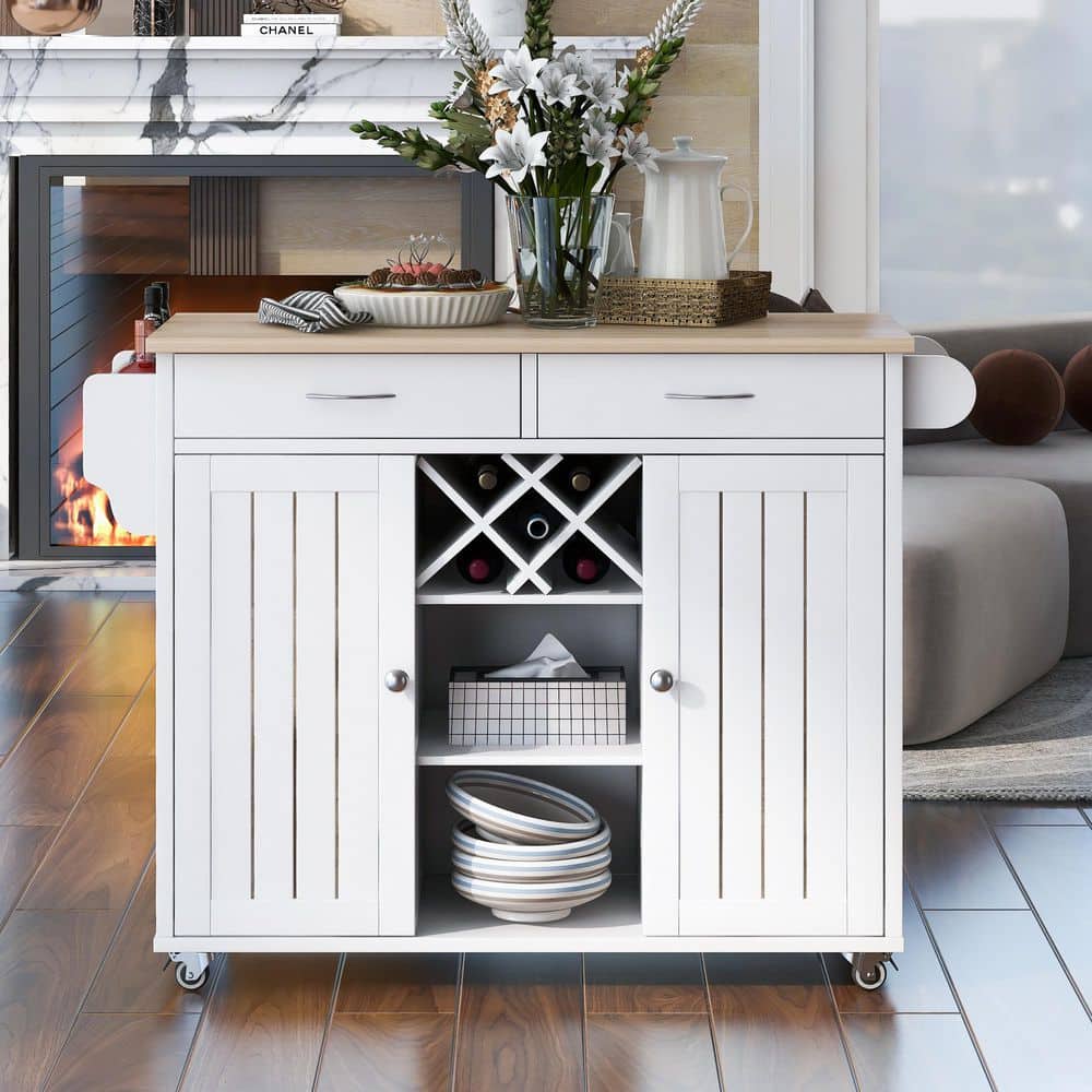 tunuo White Rolling Kitchen Island Cart with Wine Rack and Four Locking ...