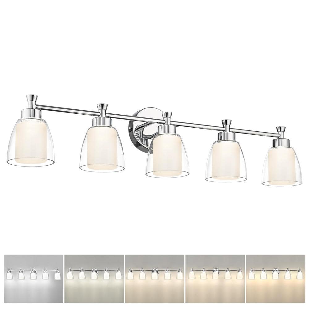 JAZAVA 36.2 in. 5-Light Chrome Modern LED Vanity Light with Clear ...