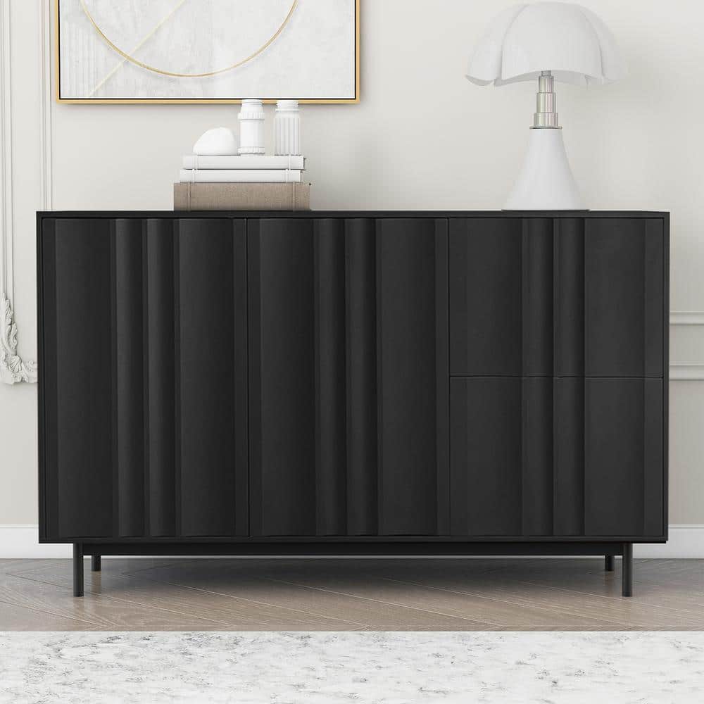 Harper & Bright Designs Black Wood 47.2 in. Storage Cabinet Sideboard with 2 Drawer, 2 Wave ...