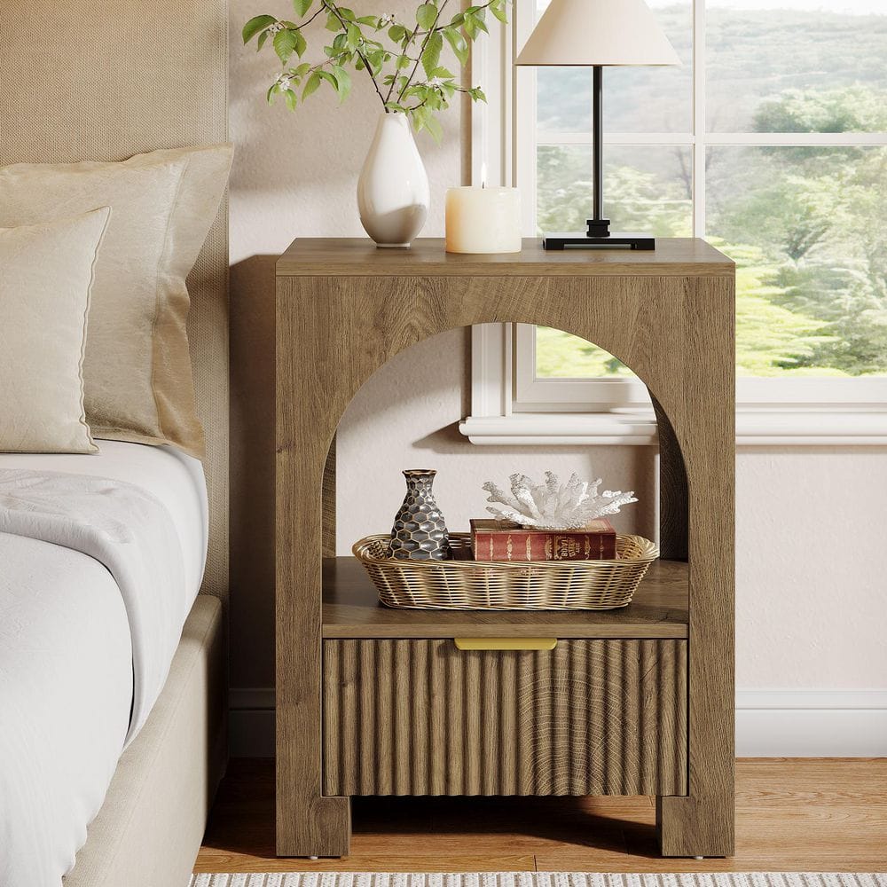 BYBLIGHT Fenley 19.7 in. Brown 1-Drawer Nightstand with Shelf, Bedside ...