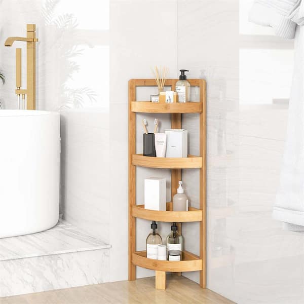 Costway Bamboo Freestanding Corner Shelf with Fall Prevention Rails Shower Caddy in Natural Finish HCST02975 The Home Depot