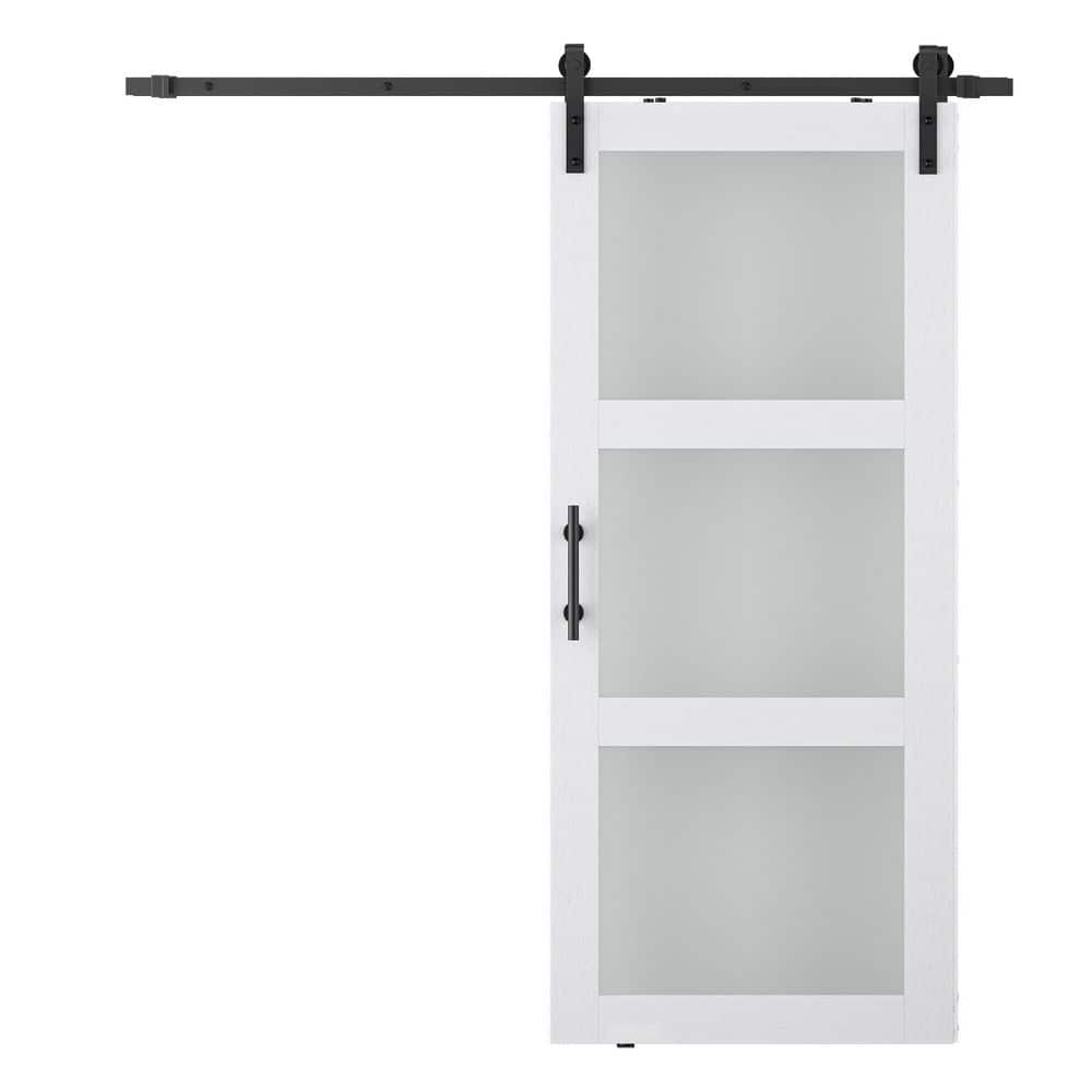 GOLDENPOLEY 32 in. x 84 in. 3-Lite Frosted Glass White Finished MDF Sliding Barn Door with ...