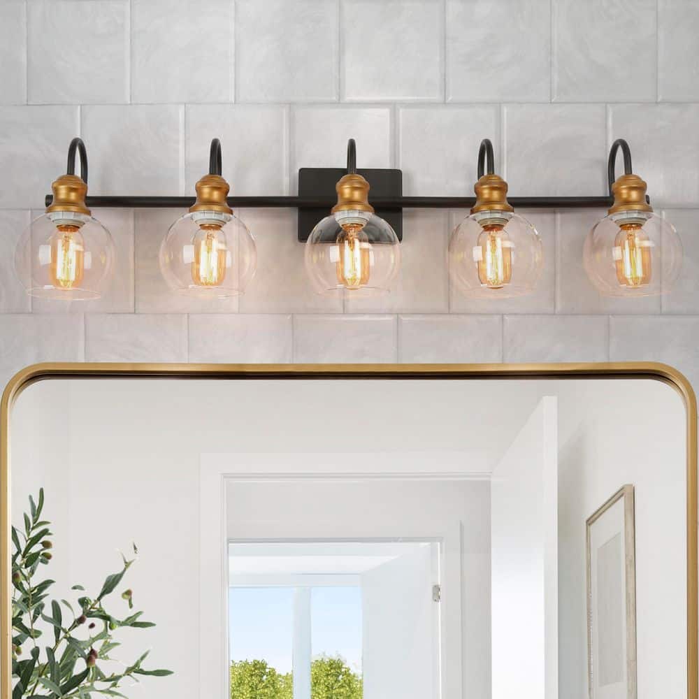 LNC Modern 35.5 in. 5-Light Aged Brass Vanity Light with Black Linear ...