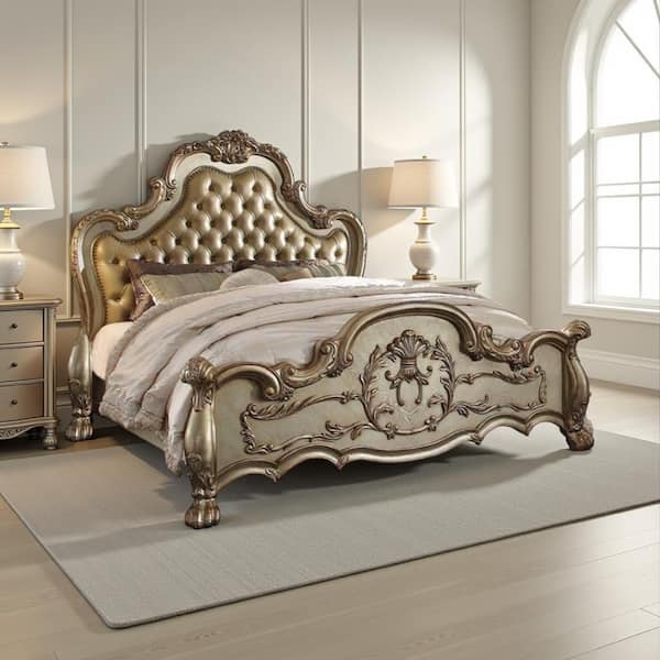 Benjara Cream and Gold Wood Frame Queen Size Panel Bed with Tufted ...