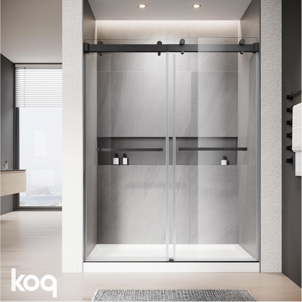 KOQ 60 in. W x 72 in. H Soft Closing Double Sliding Frameless Shower Door in Matte Black with 3/ ...