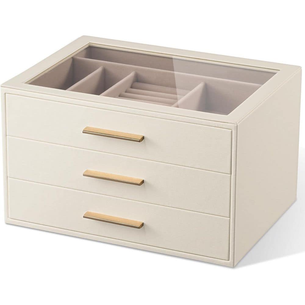 3-Layer Beige Jewelry Box Organizer with Glass Display for Women UMZ6ZG ...