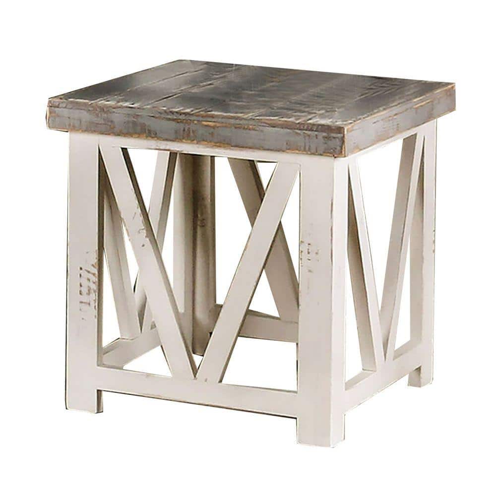 Benjara 27 in. Ivory and Gray Rectangle Wood End Table with Angled Beam ...