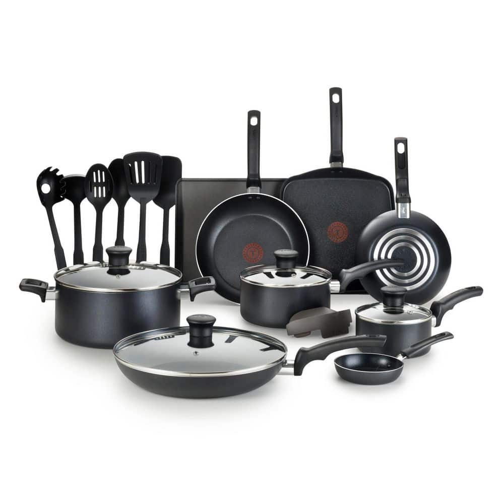 T-fal Essentials Aluminum Nonstick Cookware, 20-Piece Cookware Set in ...