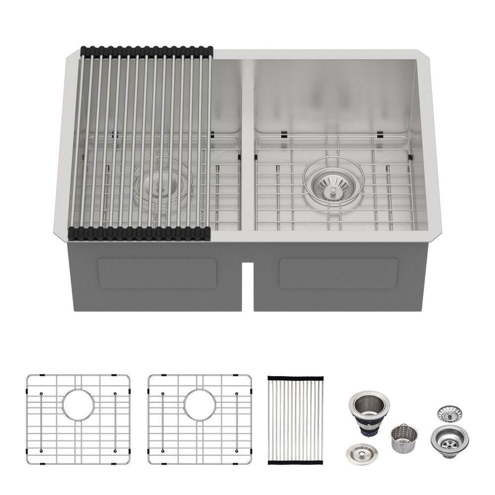 Sarlai 28 in. Low-Divide Undermount Double Bowl 16 Gauge Stainless ...