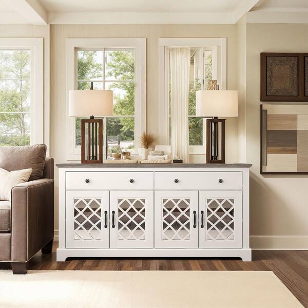 GALANO Millicent Ivory with Knotty Grey Wood 58.7 in. Wide Sideboard TV with Drawer with Adjustable Shelves SH IYPU19774KGU The Home Depot