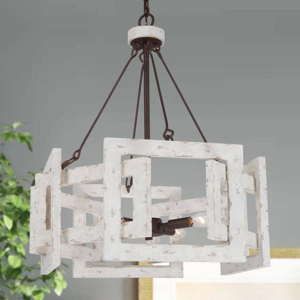 Uolfin Craftsman Weathered White Wood Cottage Chandelier, 4-Light ...