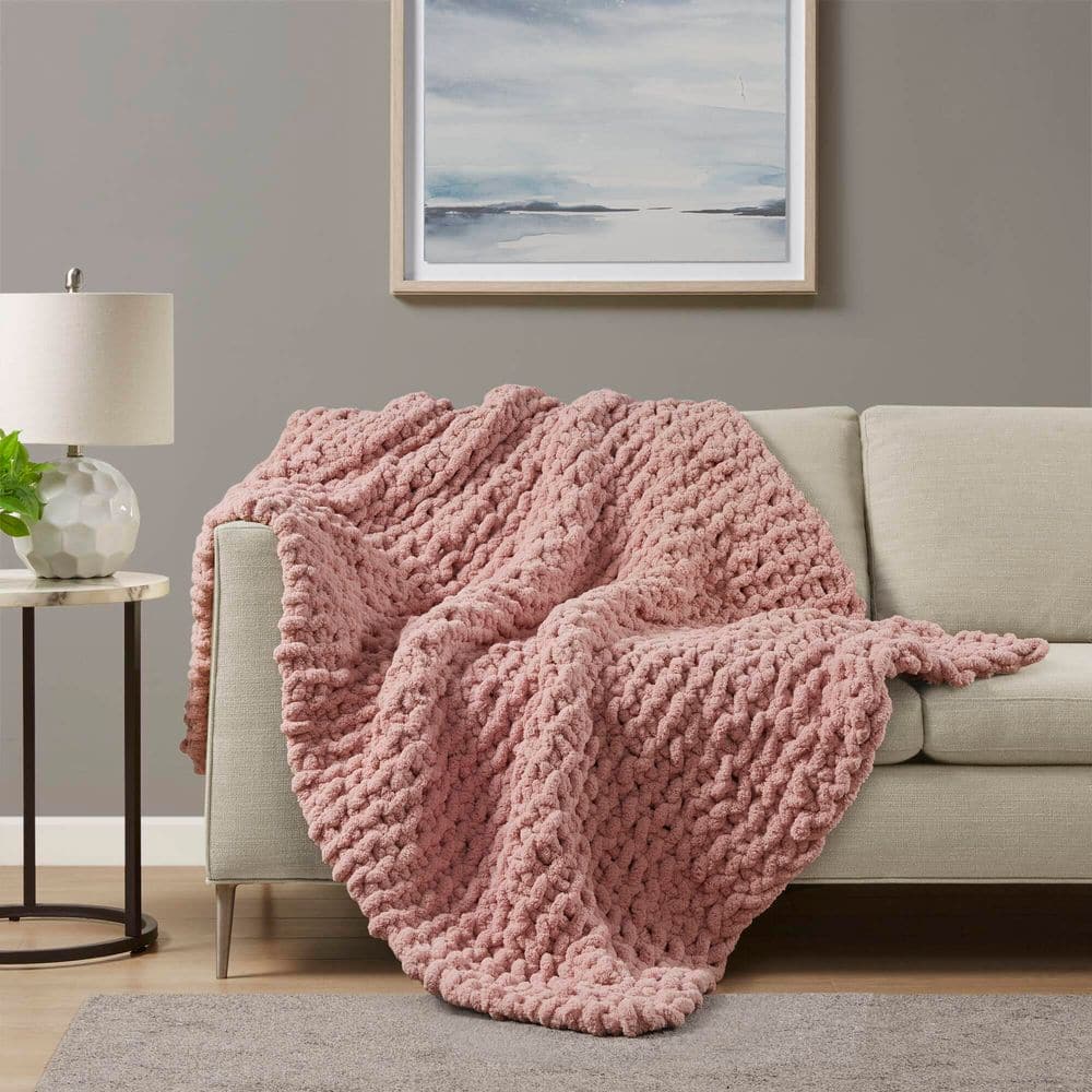 Madison Park Chenille Chunky Knit Blush Polyester Throw Blanket MP50 ...