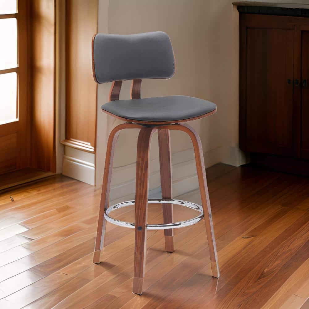 Benjara 26 in. Gray and Brown Low Back Wood Frame Bar Stool with Faux ...