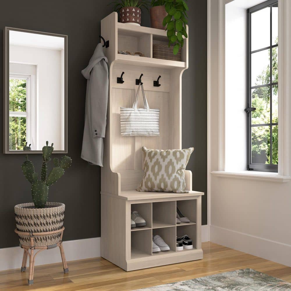 Bush Furniture Woodland White Washed Maple Hall Tree and Shoe Bench ...