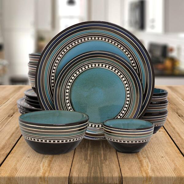 GIBSON elite Cafe Versailles 16 Piece Double Bowl Dinnerware Set Blue 985121854M