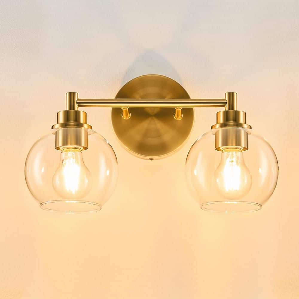 14.6 in. 2-Light Gold Vanity Light with Globe Glass Shade Lamp-1476 ...