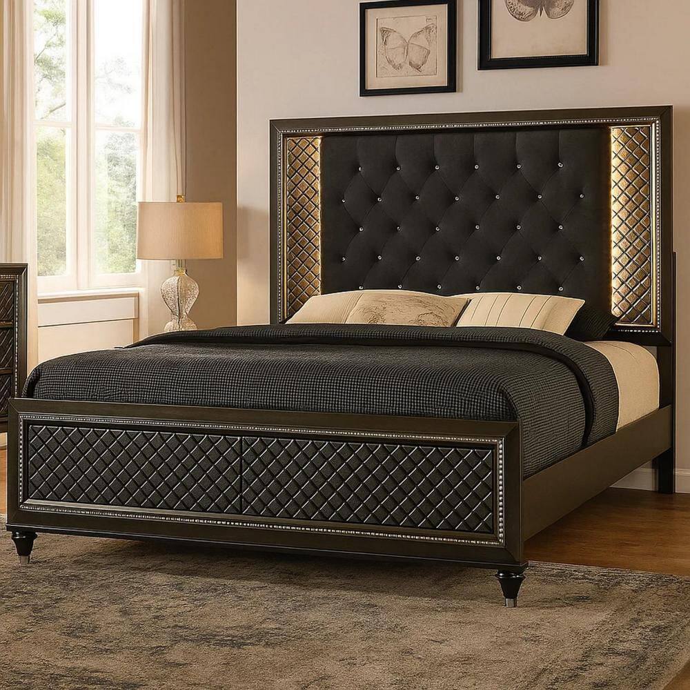 Benjara Tracy Metallic Gray Wood Frame Queen Panel Bed with Tufted ...